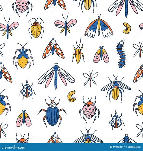 Colorful Cartoon Insects Vector Seamless Pattern Stock Vector