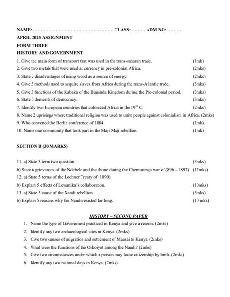 Form 3 History And Government April 2025 Holiday Assignment
