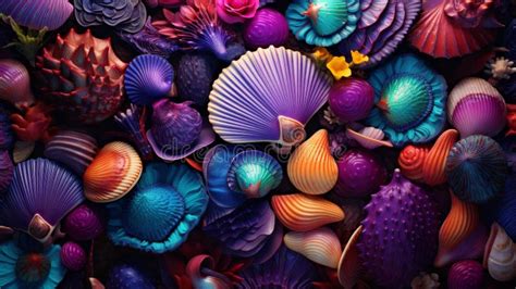 Dive Into A World Of Artistic Seashells With Vibrant Colors Flat