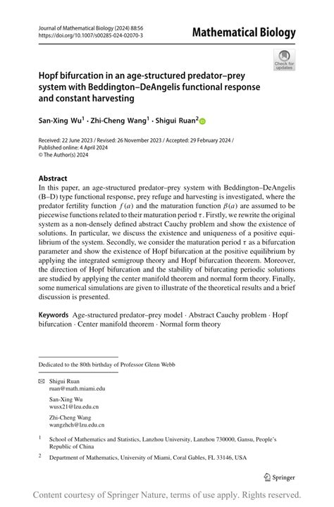 Pdf Hopf Bifurcation In An Age Structured Predatorprey System With