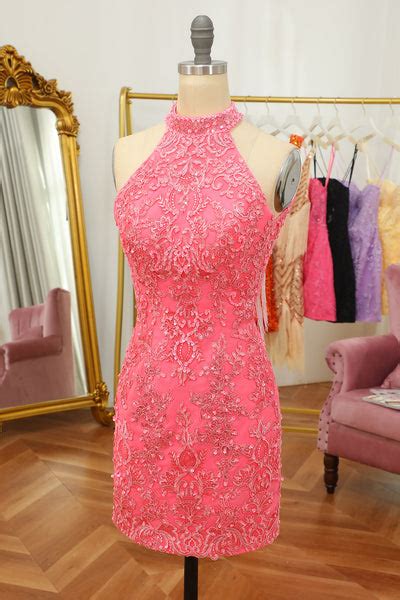 Zapaka Women Pink Short Tight Homecoming Dress With Sequins Open Back