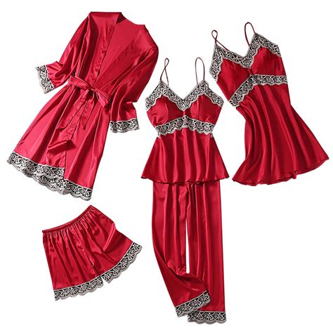 Samickarr 5 Piece Pajama Set For Women Lace Silk Satin Skirt Nightgown