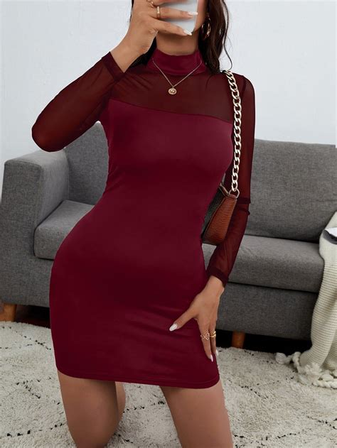 Vestido apertado malha de contraste pescoço Mangas compridas