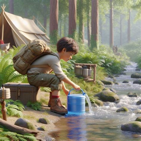 Boy Is Fetching Water From The River With A Container Premium Ai