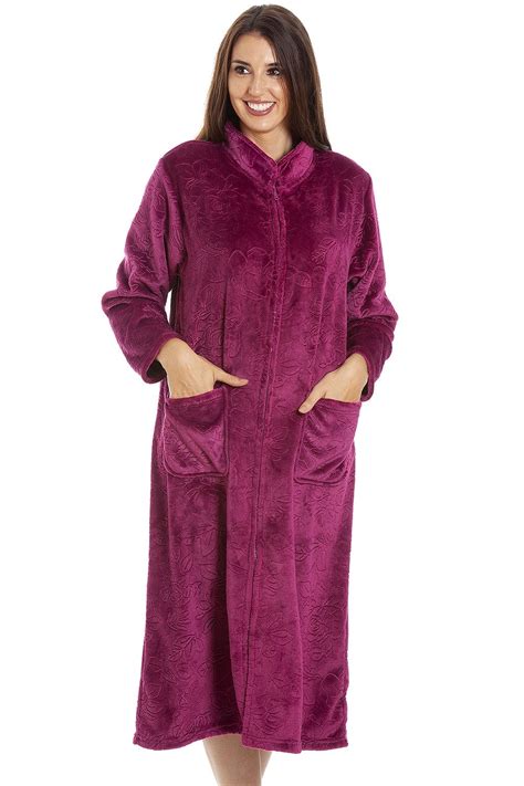 Camille Womens Burgundy Rose Embossed Zip Up House Coat Camille From