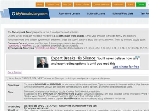 Latin Roots Spect Sta Vert Synonyms And Antonyms Interactive For 9th