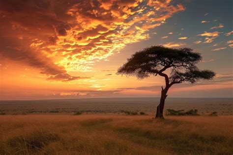 Premium Photo A Majestic African Savanna Landscape At Sunset With A
