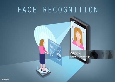 아이소메트릭 디자인입니다 스마트폰은 사람의 얼굴을 스캔 합니다 생체 인식 식별 여성 스마트 폰은 사람의 얼굴을 스캔 하 여 선과 점으로 구성 된 다각형 그리드를 형성 합니다