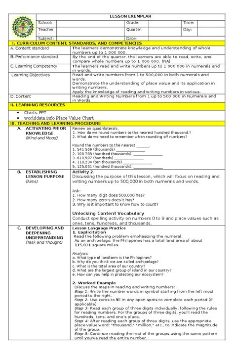 Daily Lesson Log LESSON EXEMPLAR Babe Grade Time Teacher Quarter Day Subject Date I