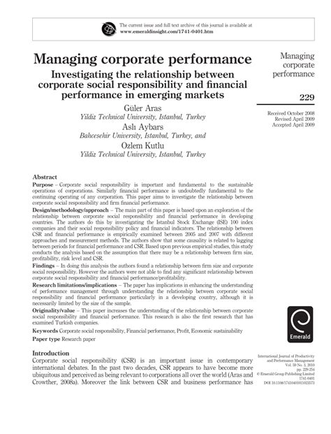 Pdf Managing Corporate Performance Investigating The Relationship