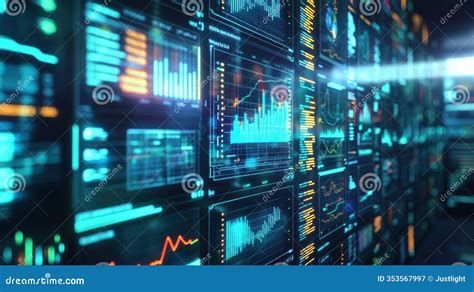 Futuristic Control Room Monitoring Manufacturing Process with Digital Screens Showing Charts and ...