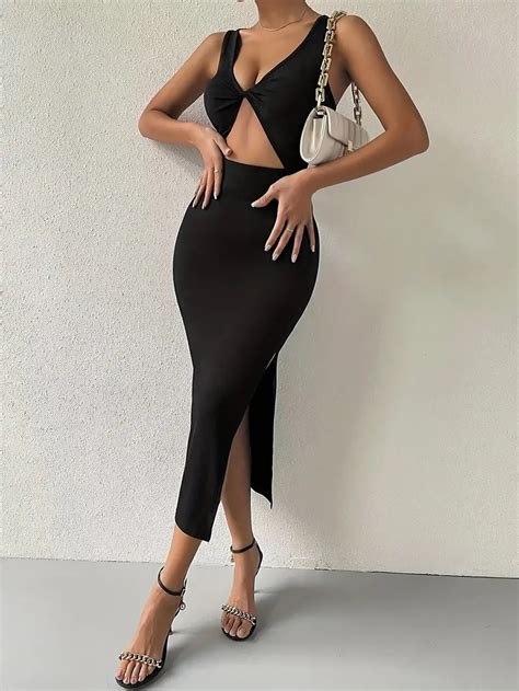 Robe Fendue Découpée Robe Mi Longue Moulante Sexy À Col En V Temu