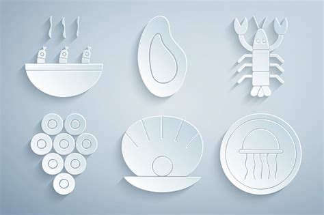 진주 랍스터 캐비어 접시에 해파리 홍합 및 수프 새우 아이콘으로 쉘을 설정합니다 벡터 3차원 형태에 대한 스톡 벡터 아트 및 기타 이미지 Istock