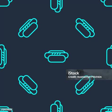 녹색 라인 핫도그 샌드위치 아이콘 은 파란색 배경에 절연 원활한 패턴 소시지 아이콘 길거리 패스트푸드 메뉴 벡터 핫도그에 대한 스톡 벡터 아트 및 기타 이미지 Istock