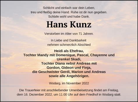 Traueranzeigen Von Hans Kunz Trauer Nordkurier
