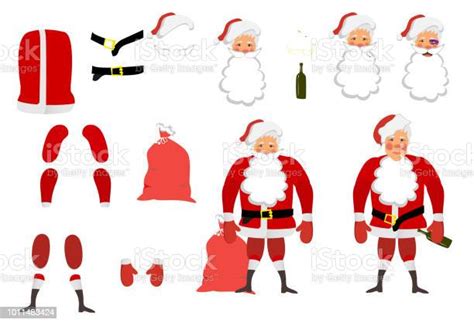벡터 일러스트 레이 션 피곤된 산타 클로스의 애니메이션에 대 한 설정합니다 손 다리와 옷의 부분을 이동할 수 있습니다 크리스마스 그리고 새 해입니다 클래식 레드 옷입니다