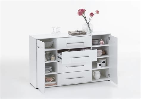 Meuble de rangement contemporain 2 portes 4 tiroirs laqué blanc