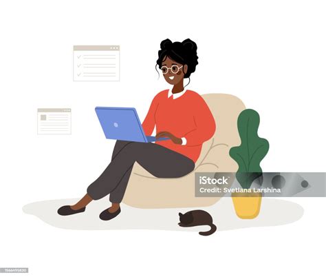 여성 기업가 성공한 아프리카 여성은 노트북을 들고 앉아 업무 문제를 해결한다 현대 사무원 또는 비즈니스 전문가 평면 만화