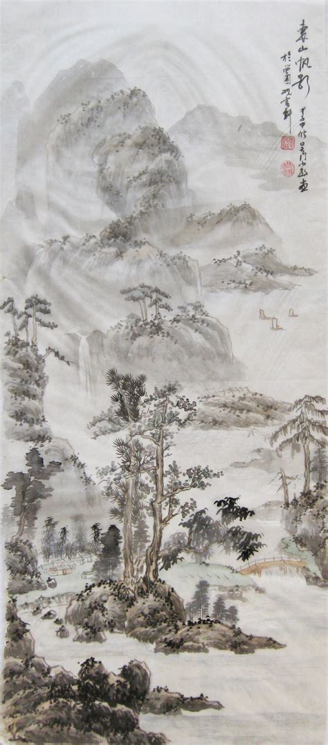 Ink Wash Painting On Silk Sailing Ships In Mountain Etsy