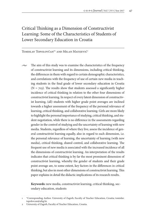 Pdf Critical Thinking As A Dimension Of Constructivist Learning Some Of The Characteristics