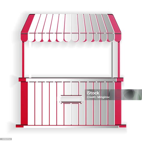 흰색 배경에 고립 된 차양과 나무 랙 아이콘으로 종이 컷 스트리트 스톨 나무 선반 키오스크 종이 아트 스타일 벡터 거리에 대한