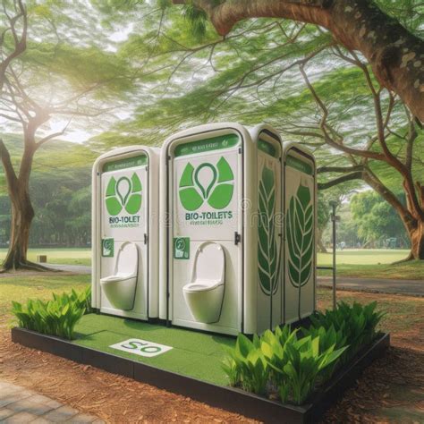 Eco Friendly Public Portable Bio Toilets Placed At A Park Promoting