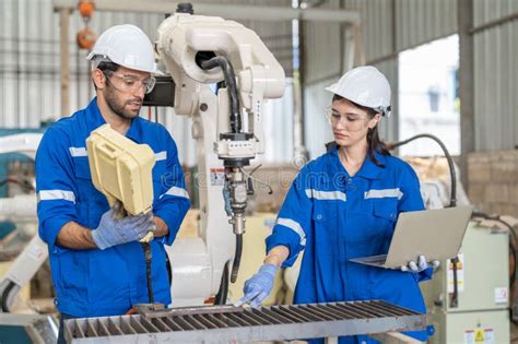 Male And Female Engineer Training Using Remote Controller Control Robot