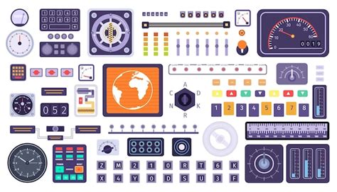 Premium Vector | Control panel elements, spaceship switches, buttons, dials and screens. flat ...