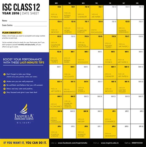 ISC Exam Date Sheet 2016 PDF