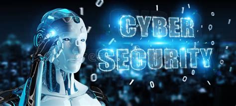 White Humanoid Using Cyber Security Text Hologram 3D Rendering Stock