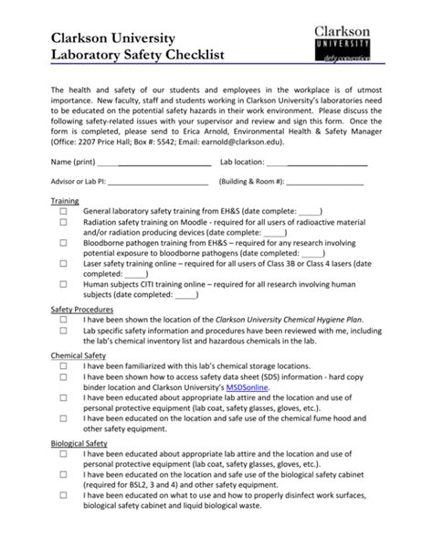 Lab Specific Safety Checklist