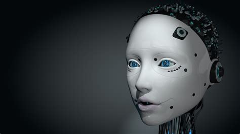 close up of female humanoid robot head with glowing white skin talking while moving lips eyes