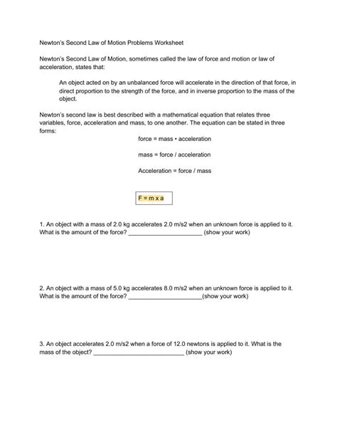 Newtons Second Law Example Of Student Practice Worksheet Worksheets