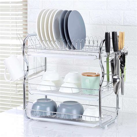 Dish Drying Rack 3 Tier Dish Rack Steel With Removable Drain Board