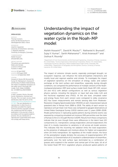 Pdf Understanding The Impact Of Vegetation Dynamics On The Water Cycle In The Noah Mp Model