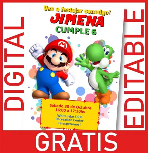 Gratis Invitación Mario Bros Yoshi Editable Y Personalizable