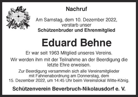 Traueranzeigen Von Eduard Behne Om Trauerde