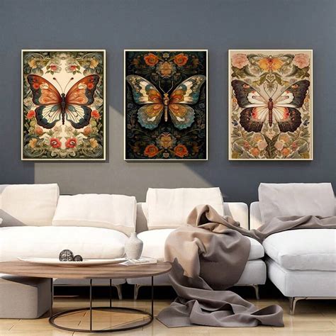 Butterfly Wall Art 3 Piece Print Set Vintage Museum Exhibition Art