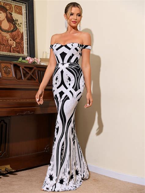 LOVE LEMONADE Off Shoulder Mermaid Hem Sequin Formal Dress SHEIN USA
