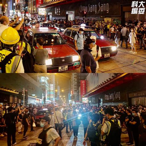 科大振翅即時 2227 旺角 527反國歌法 防暴警員離開後，現場約有一百名市民再次走岀彌敦道行車路，甚至以肉身作路障，阻止的士前進