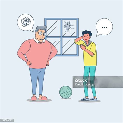 화가 난 남자는 창백한 공 그림 중에 깨진 창문 유리에 대해 어린 소년을 꾸짖습니다 밝은 배경을 가진 만화 플랫 캐릭터 격리