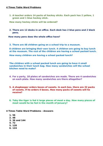 4 Times Table Word Problems Teaching Resources
