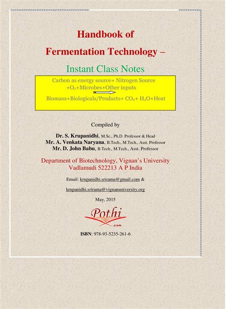 Handbook Of Fermentation Technology Instant Class Notes