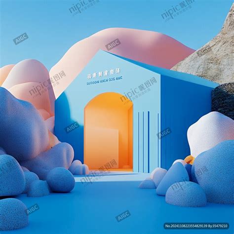 Ai创作图创意极简门头 雾霾蓝色迎宾区设计 打卡点设计 场景展示设计 简约现代场景 梦幻体验馆 色块门头 高级感门头 天蓝色迎宾区 蓝色创意