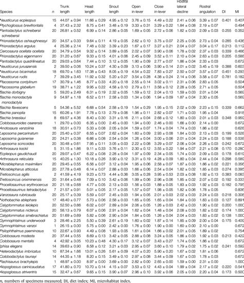 morphological traits means ± standard errors all in mm and