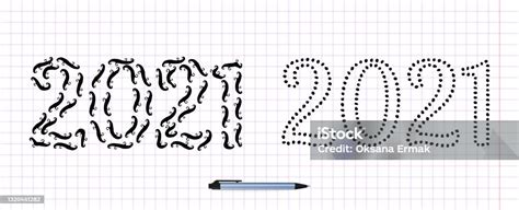 2021 年用向量塗鴉刷製作的數位手繪新年墨水二一和零號素描數位向量圖形及更多2021圖片 2021 一個物體 全景 Istock