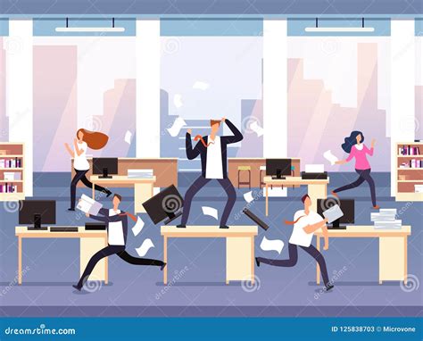 Angry Boss Chaos In Office With Employees In Panic Stock Vector