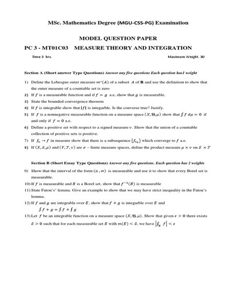 Msc Mathematics Degree Mgu Css Pg Examination Section A Short