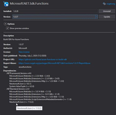 netwontsoft json dependency conflicts with azure functions v2