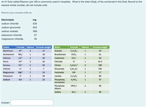 Solved An Iv Fluid Called Plasma Lyte 148 Is Commonly Used